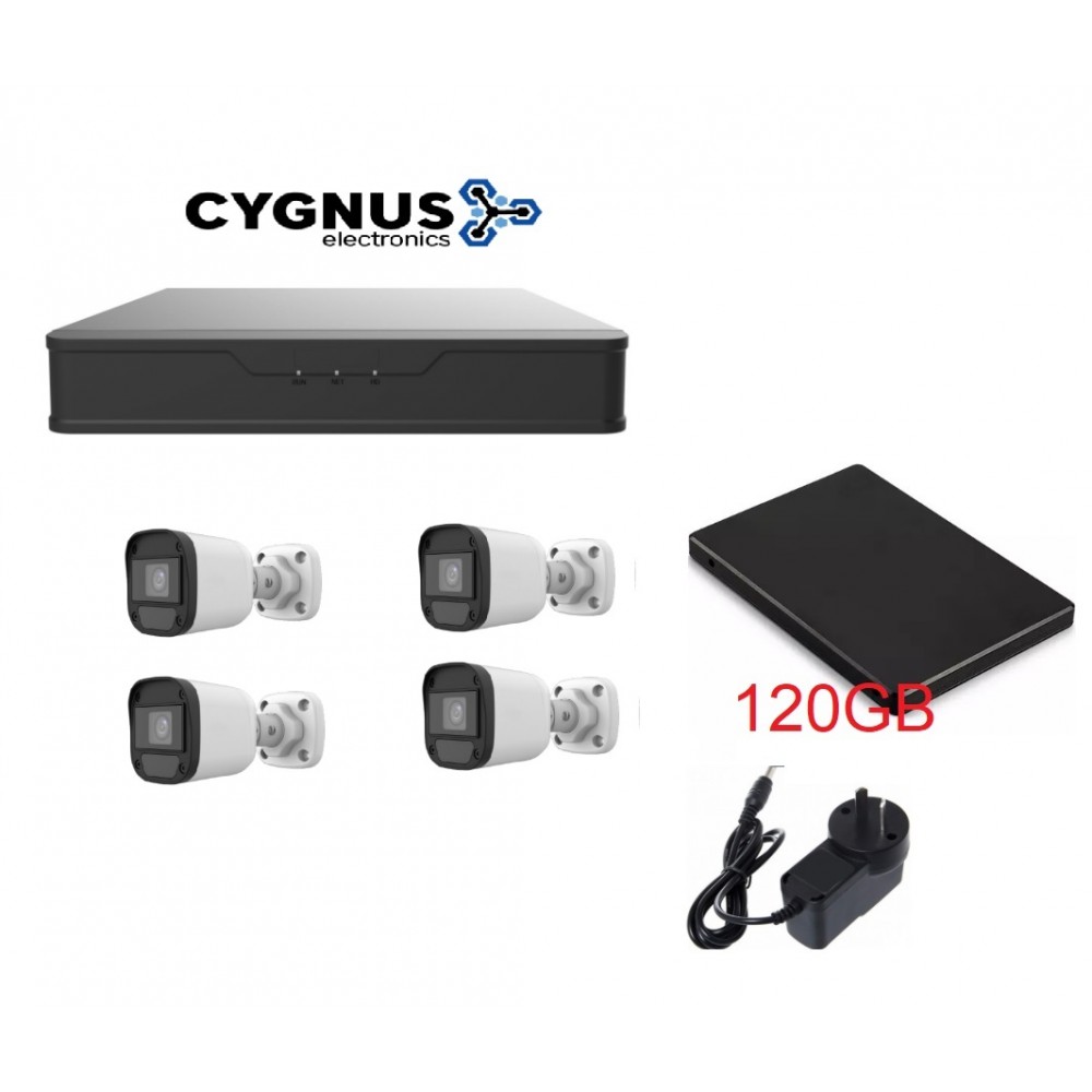 Kit 4 Canales - 1 Dvr 4 CH Cygnus + 4 Cámara Bullet Exterior 2 MPX ...